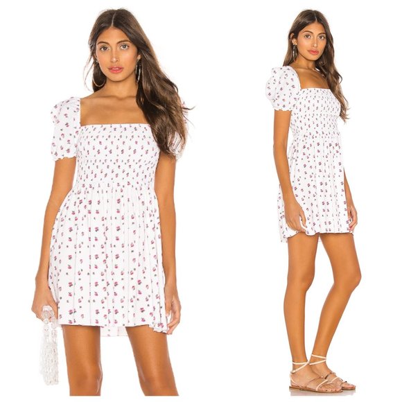 LPA | Dresses | Revolve Lpa Violet White Rose Print Smocked Square Neck ...